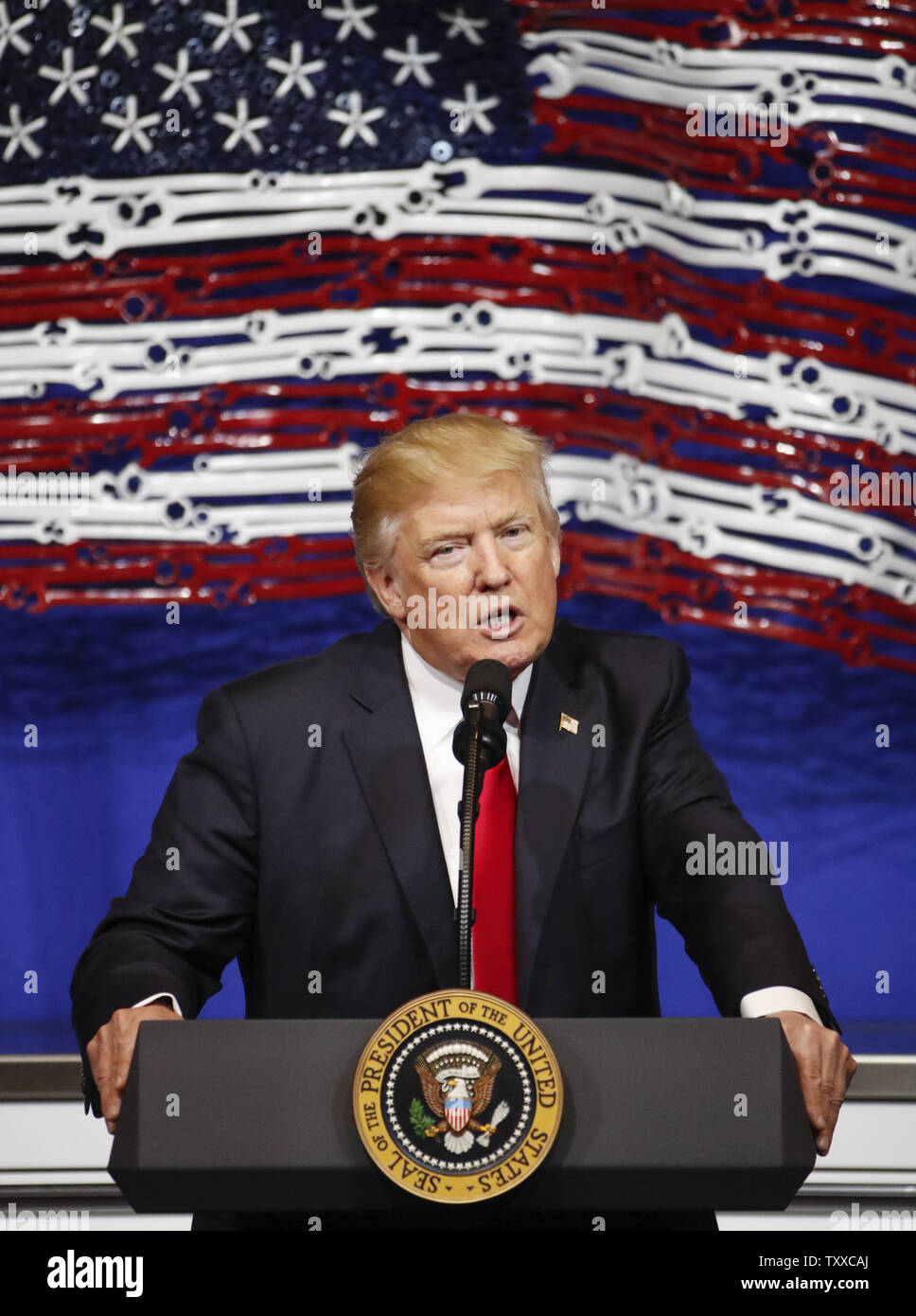 U.S. President Donald J. Trump addresses guests at the Snap-On Tools ...