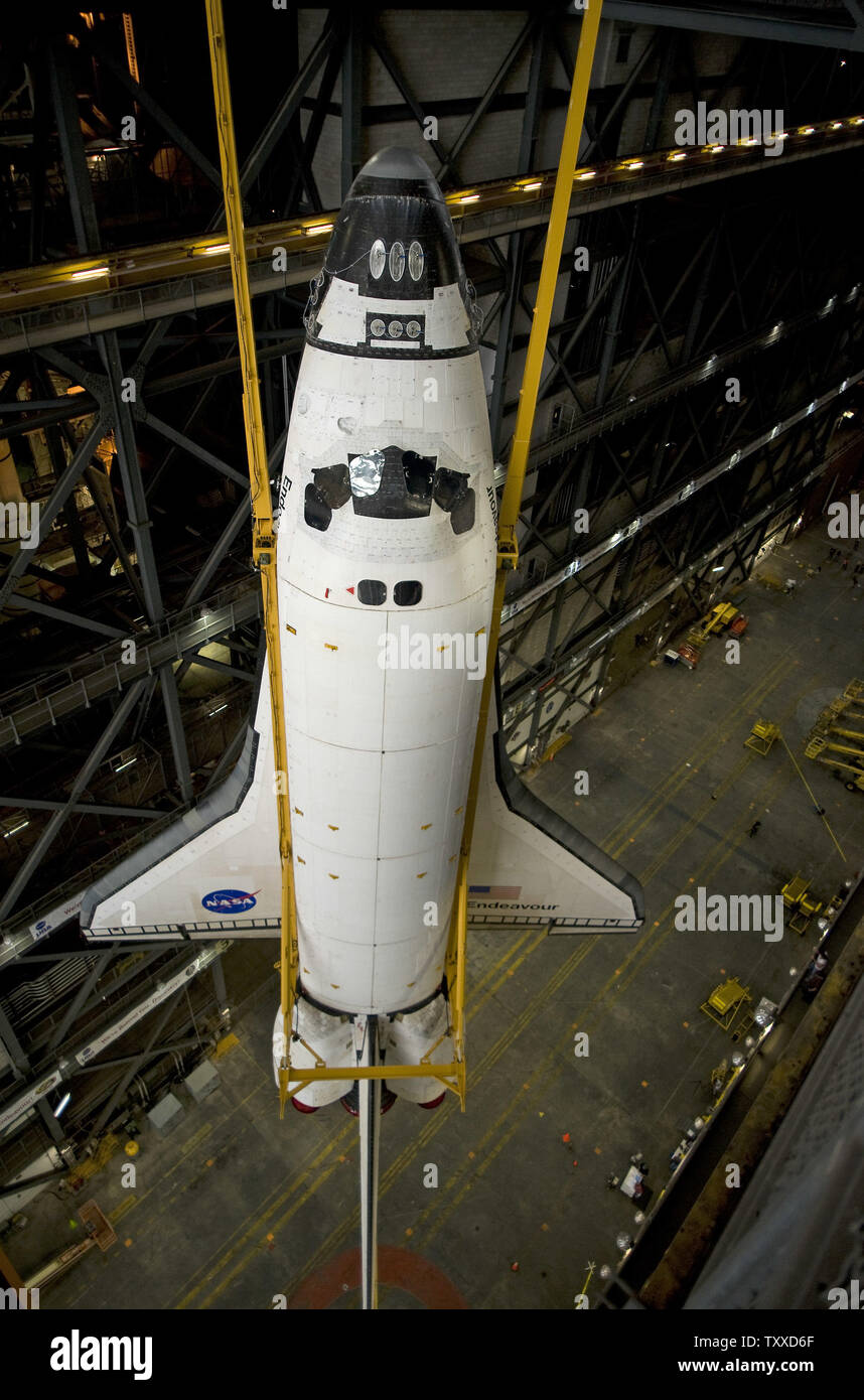 NASA's Space Shuttle "Endeavour" is lifted to mate with its External Tank and Solid Rocket ...