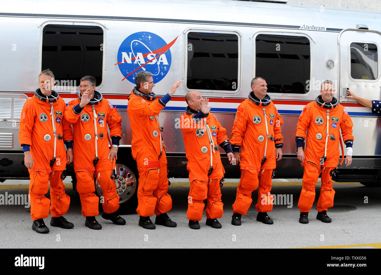 Space Shuttle Atlantis STS-132 crew wave as they leave the O&C Building ...