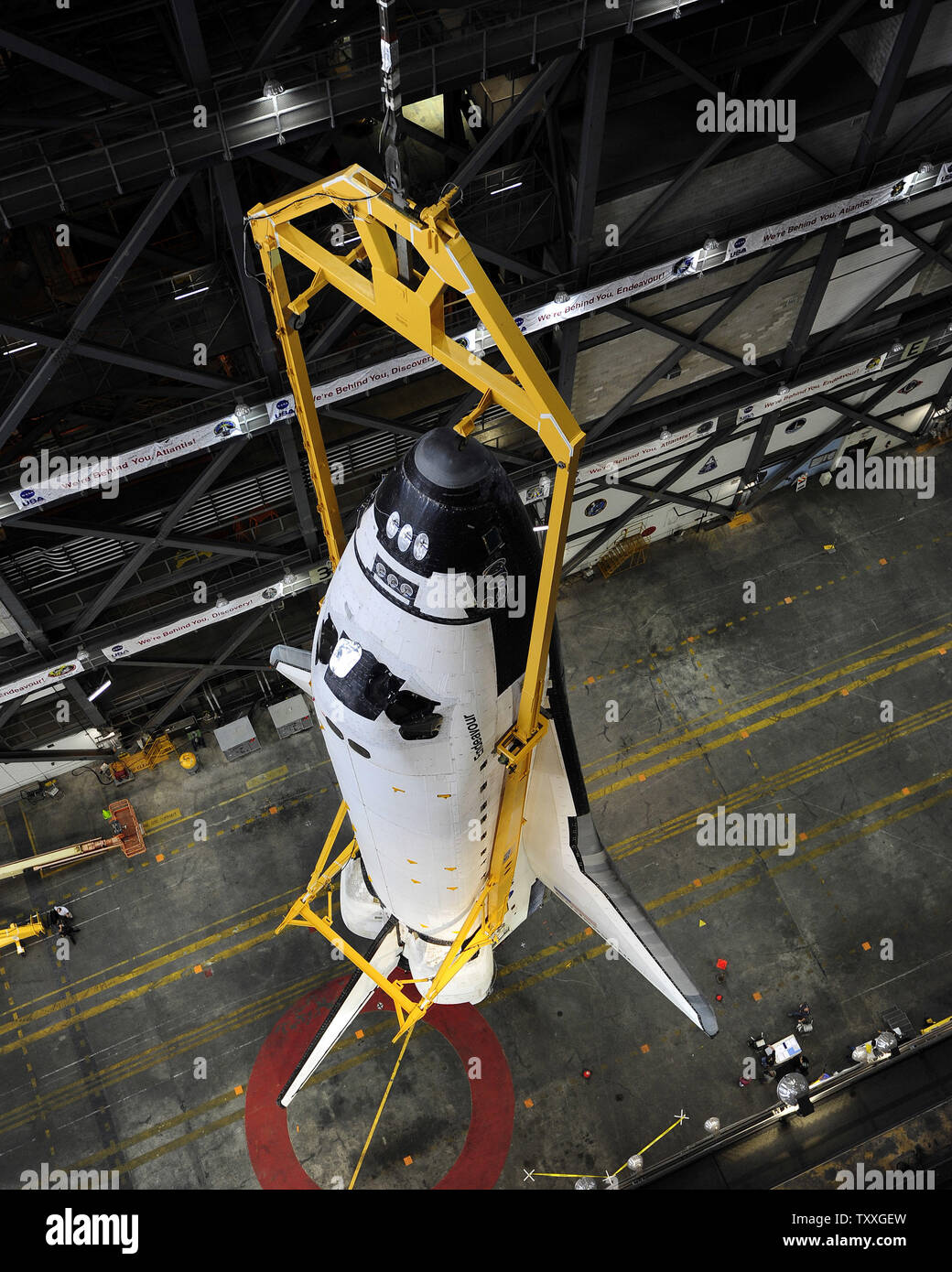 NASA's Space Shuttle "Endeavour" is lifted to mate with its External Tank and Solid Rocket ...