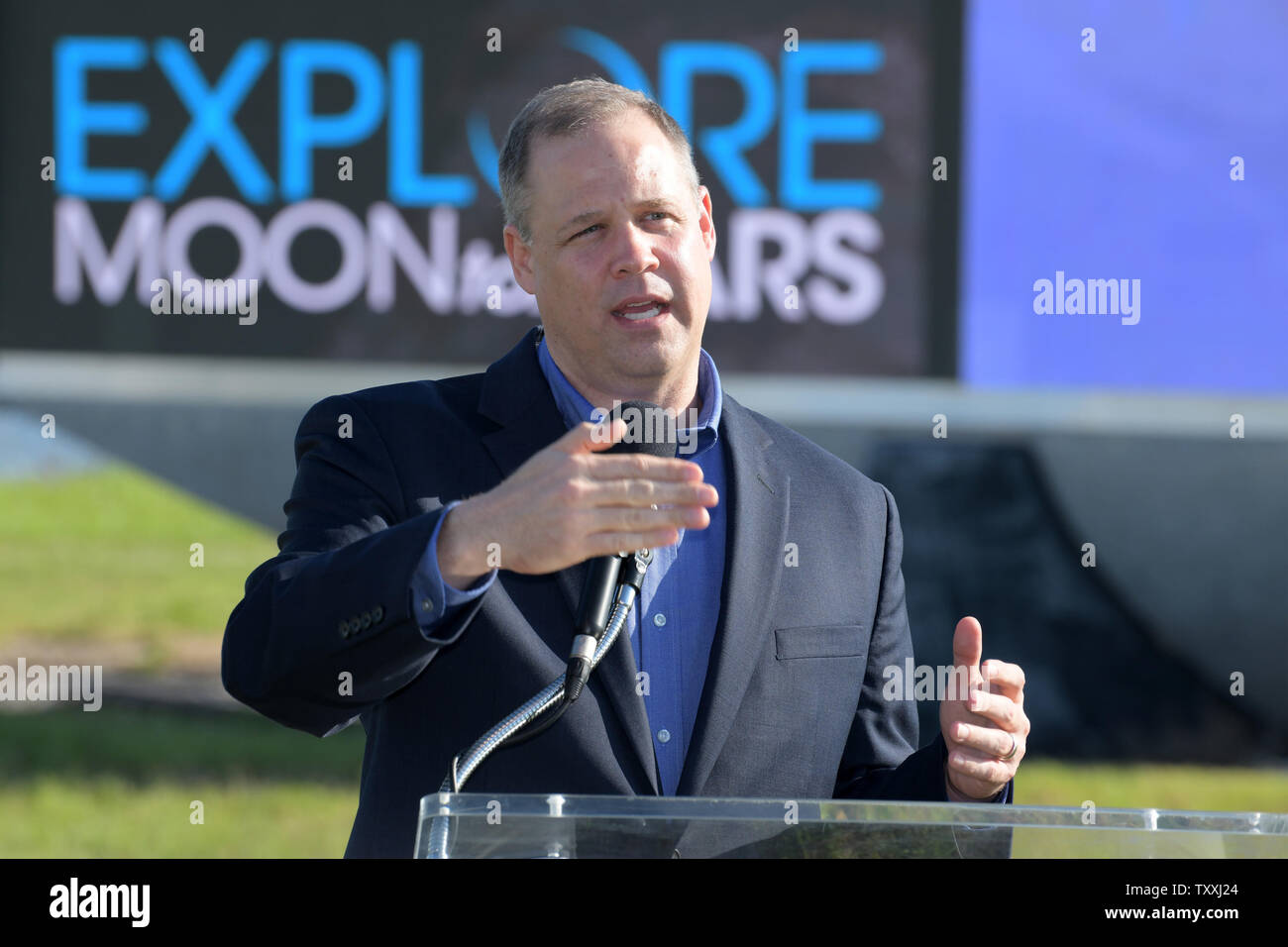 NASA Administrator, Jim Bridenstine speaks to the media from the Launch ...