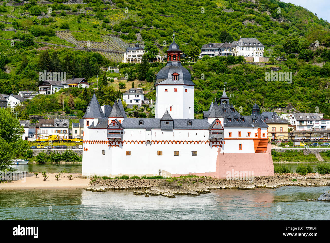 Castle Burg Rheinstein and Reichenstein, Upper Middle Rhine river ...