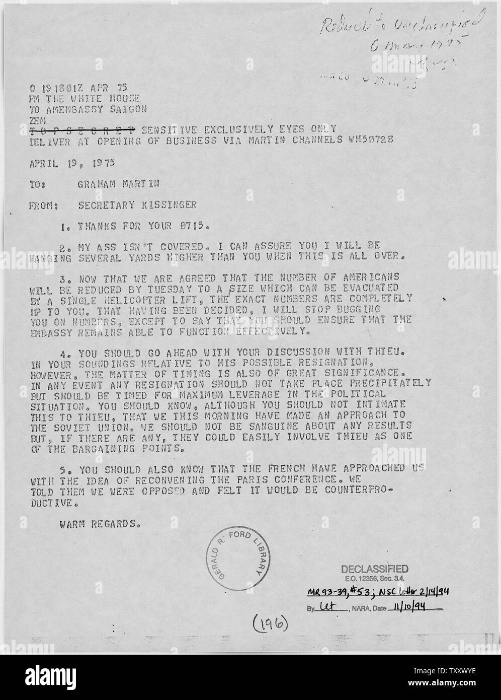 Cable from Henry Kissinger, Secretary of State, to Graham Martin ...