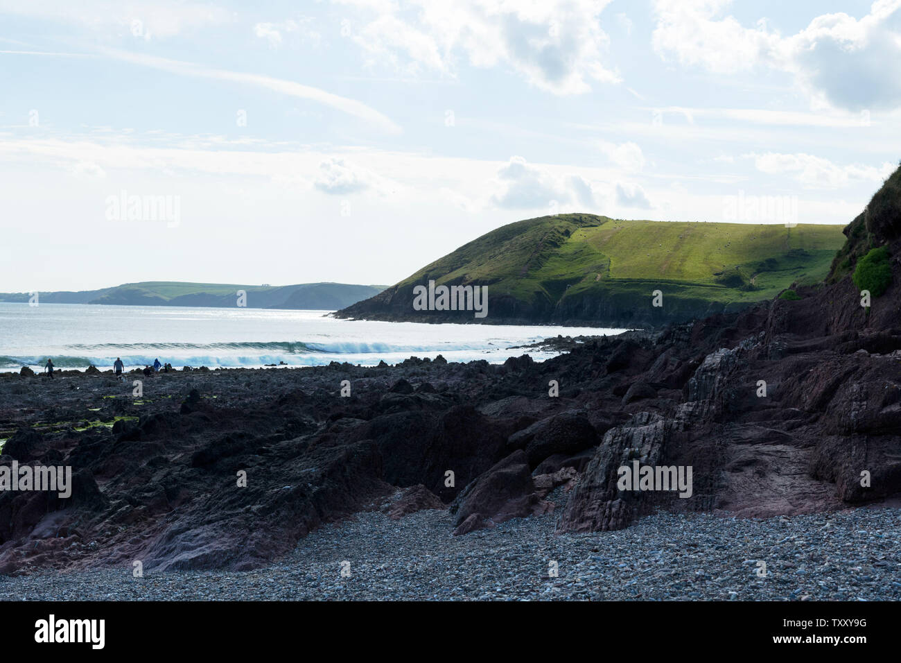 Manorbier Castle and Monarbier Bay with coast path, Pembrokeshire ...