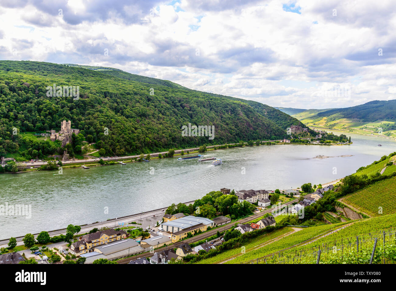 Castle Burg Rheinstein and Reichenstein, Upper Middle Rhine river ...
