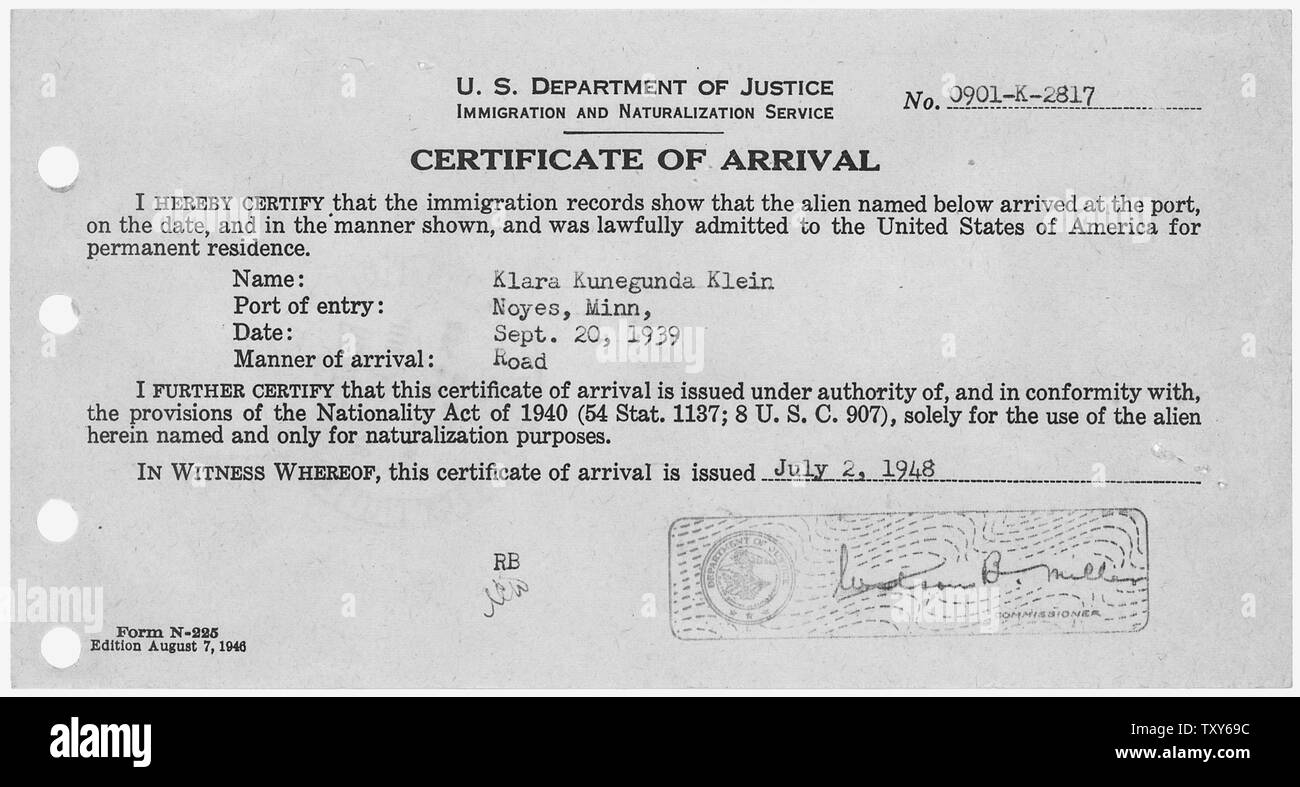 Certificate of Arrival for Klara Kunegunda Klein.; General notes: Name ...