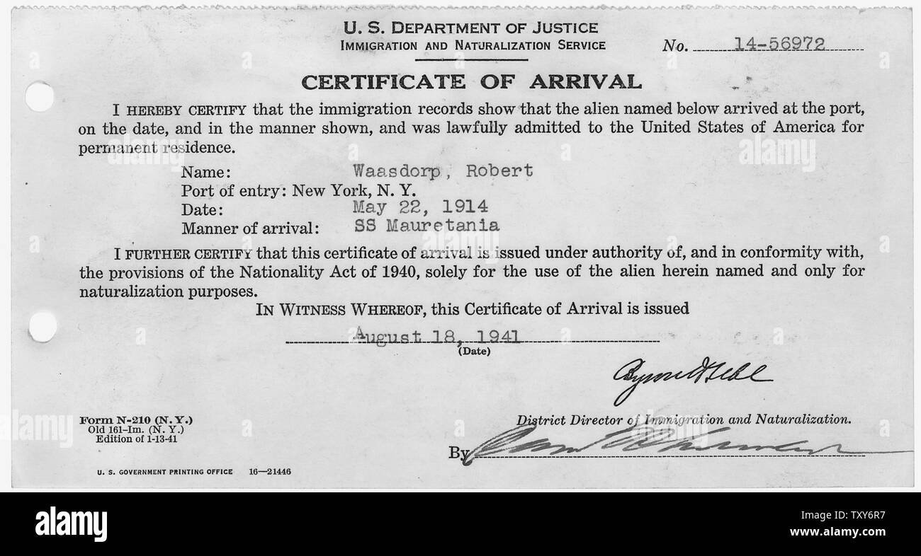 Certificate of Arrival for Robert Waasdorp Stock Photo - Alamy