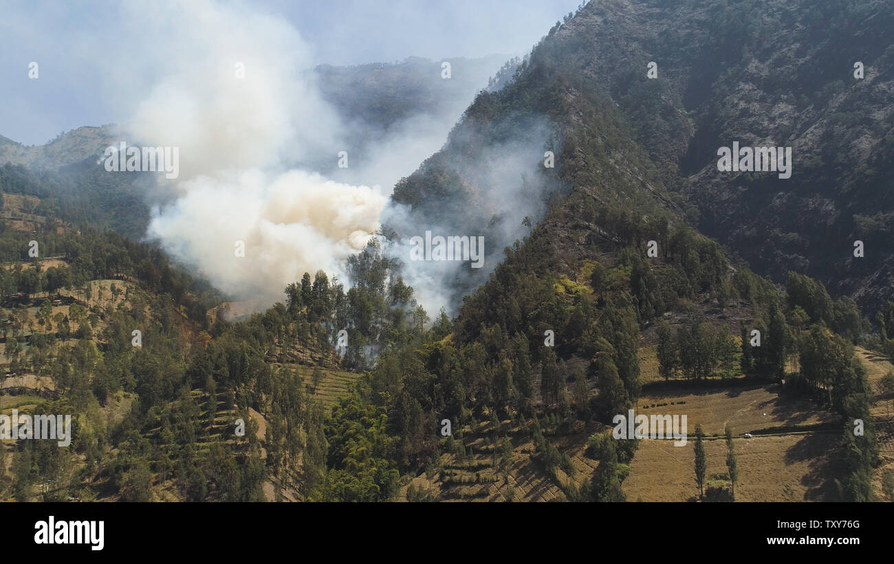 fire in mountain forest. aerial view forest fire and smoke on slopes ...