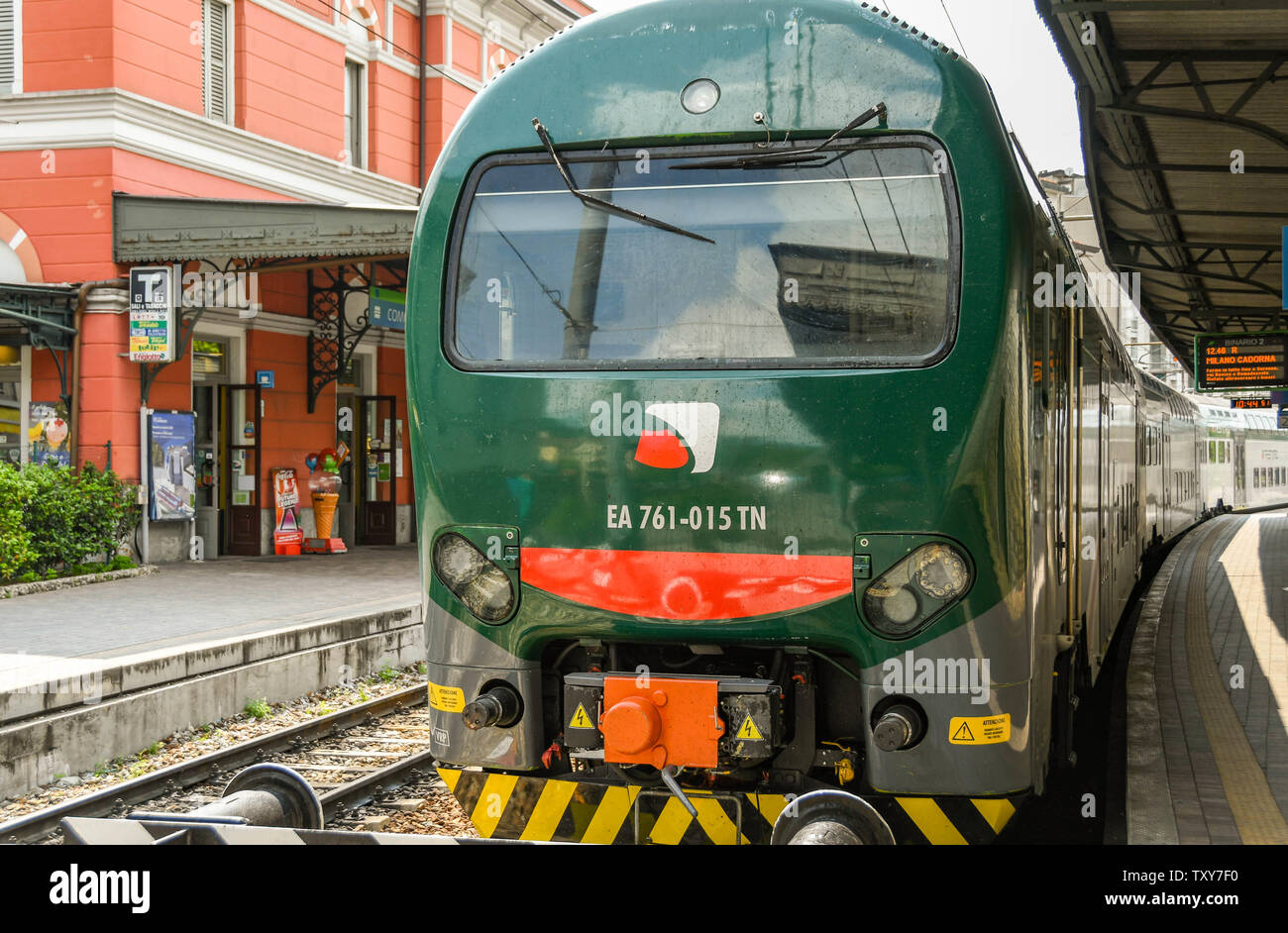 COMO, ITALY - JUNE 2019: Head on view of a modern electric train in the ...