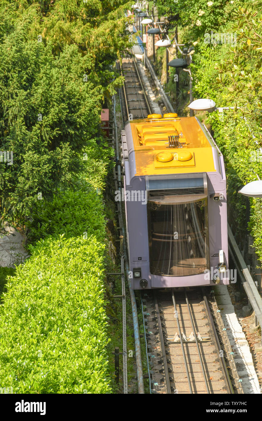 COMO, ITALY - JUNE 2019: Carriage on the funicular railway in Como ...