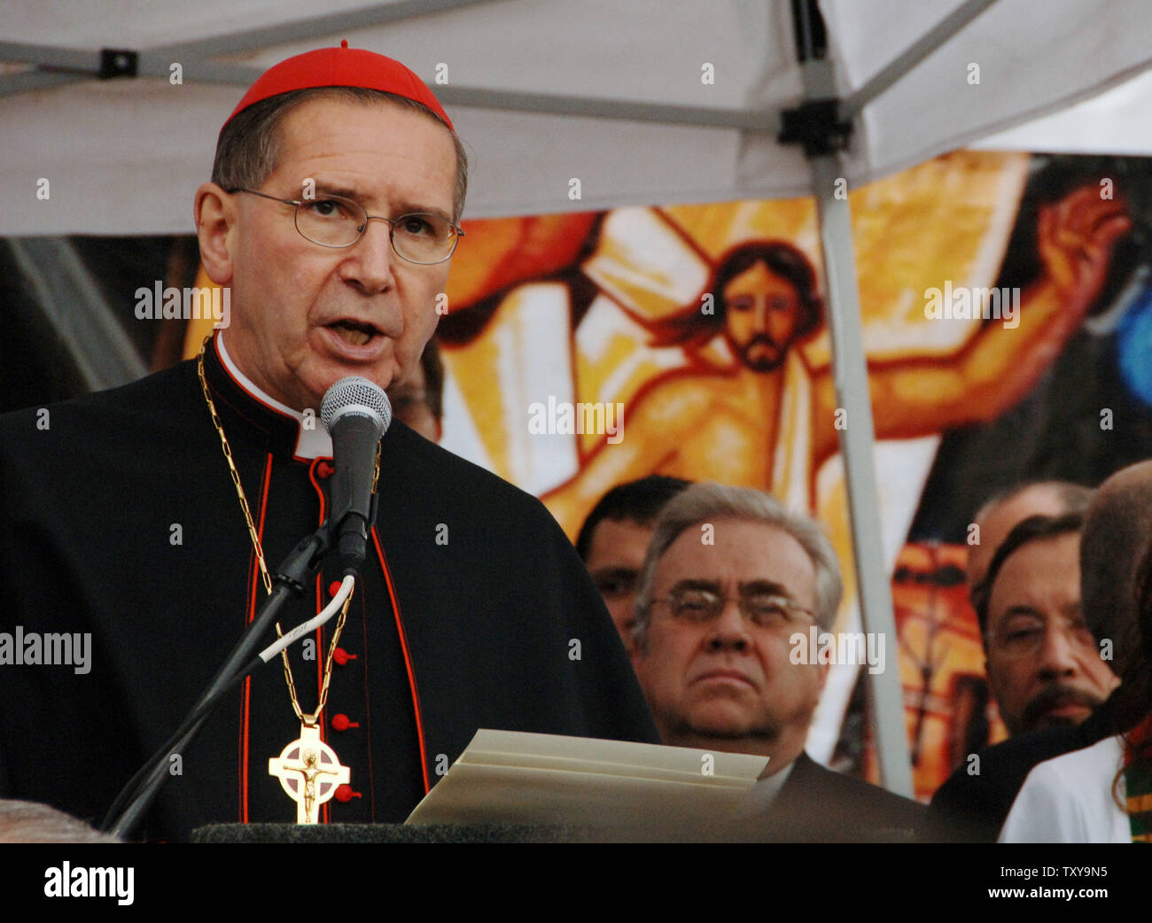 Los Angeles-based Cardinal Mahoney addresses the crowd gathered for an ...