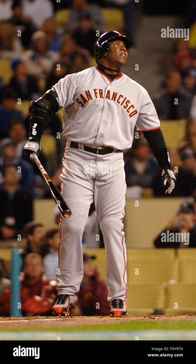 Giants Barry Bonds #25 watches a foul ball in the first inning against ...