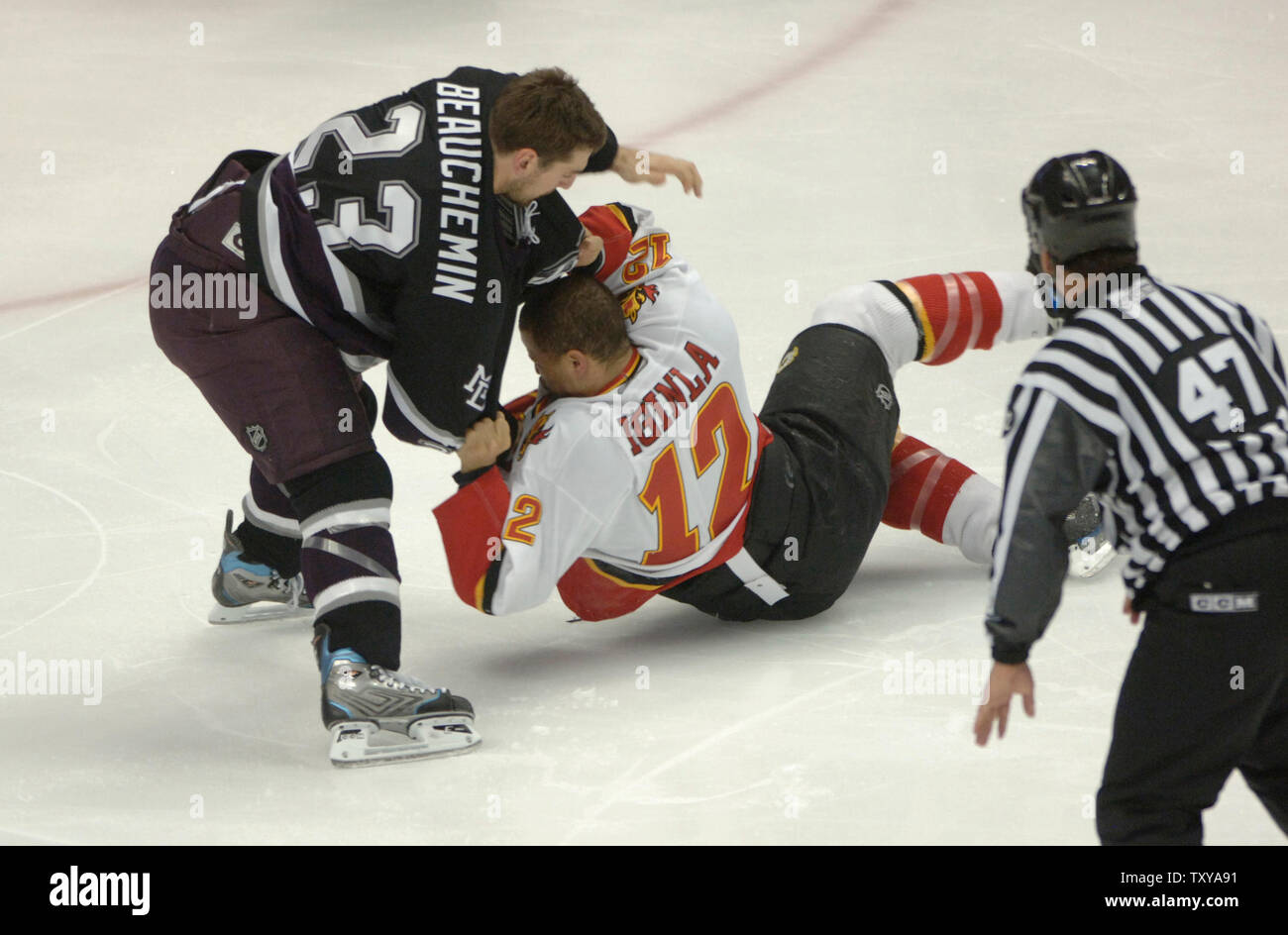 Flames Jarome Iginla (R) and Mighty Ducks Francois Beauchemin fight in ...