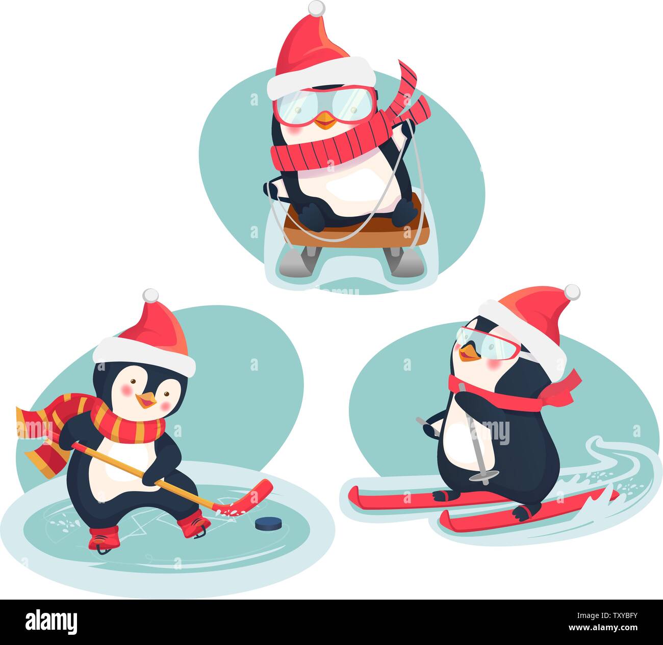 Christmas penguins in winter. Winter sports. Childrens sports concept ...