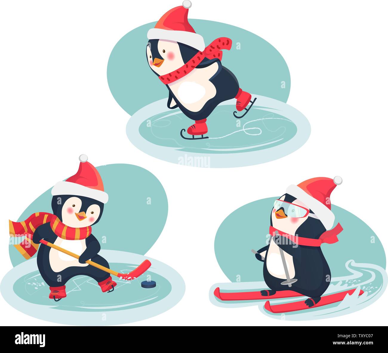 Christmas penguins in winter. Winter sports. Childrens sports concept ...