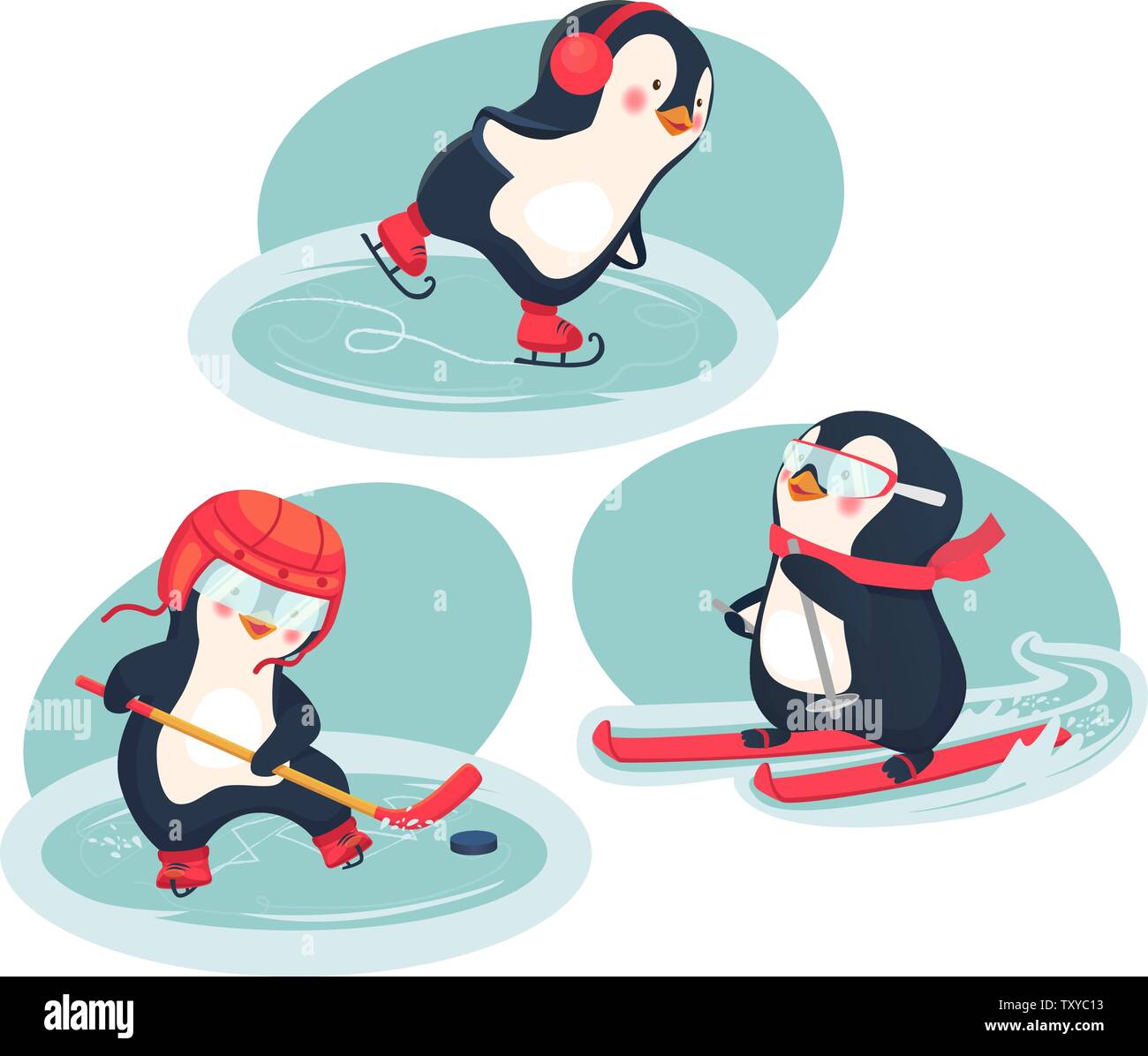 Winter sports. Childrens sports concept. Active penguins in winter ...