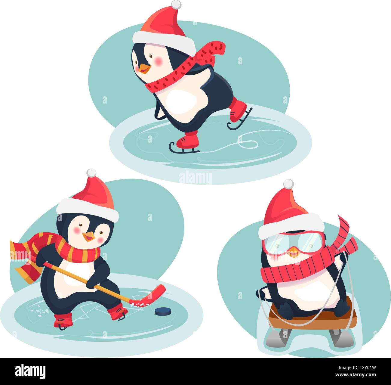 Christmas penguins in winter. Winter sports. Childrens sports concept ...