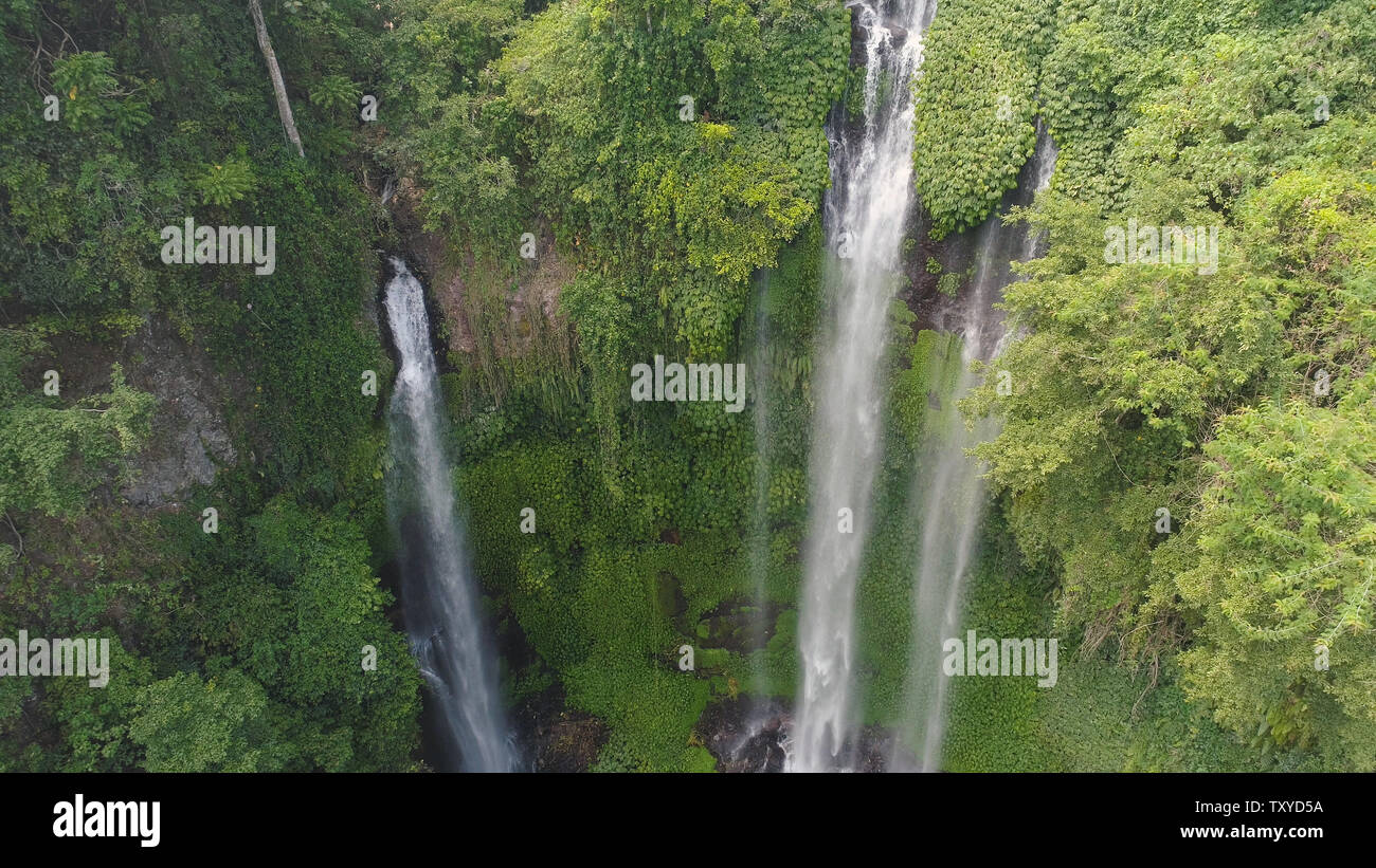 waterfall in green rainforest. Aerial view triple tropical waterfall ...