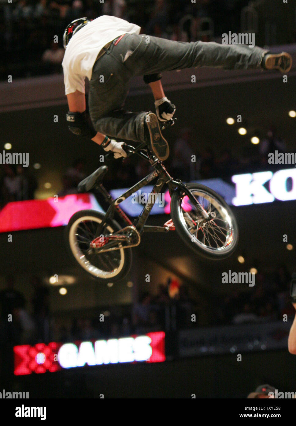 An competitor soars above the crowd at the Staples Center during the ...