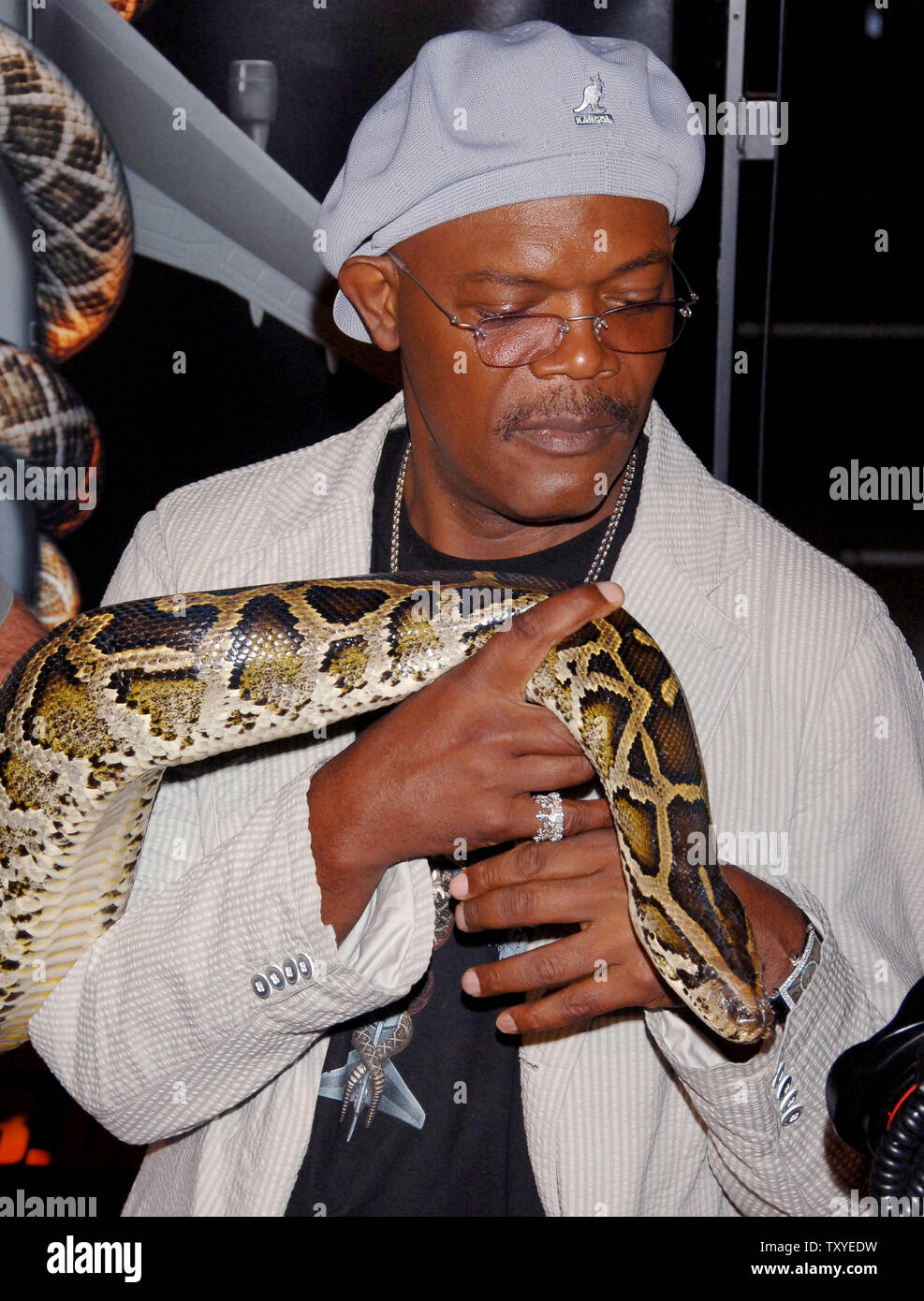 Cast member Samuel L. Jackson handles Kitty Jr., a Burmese python, at ...