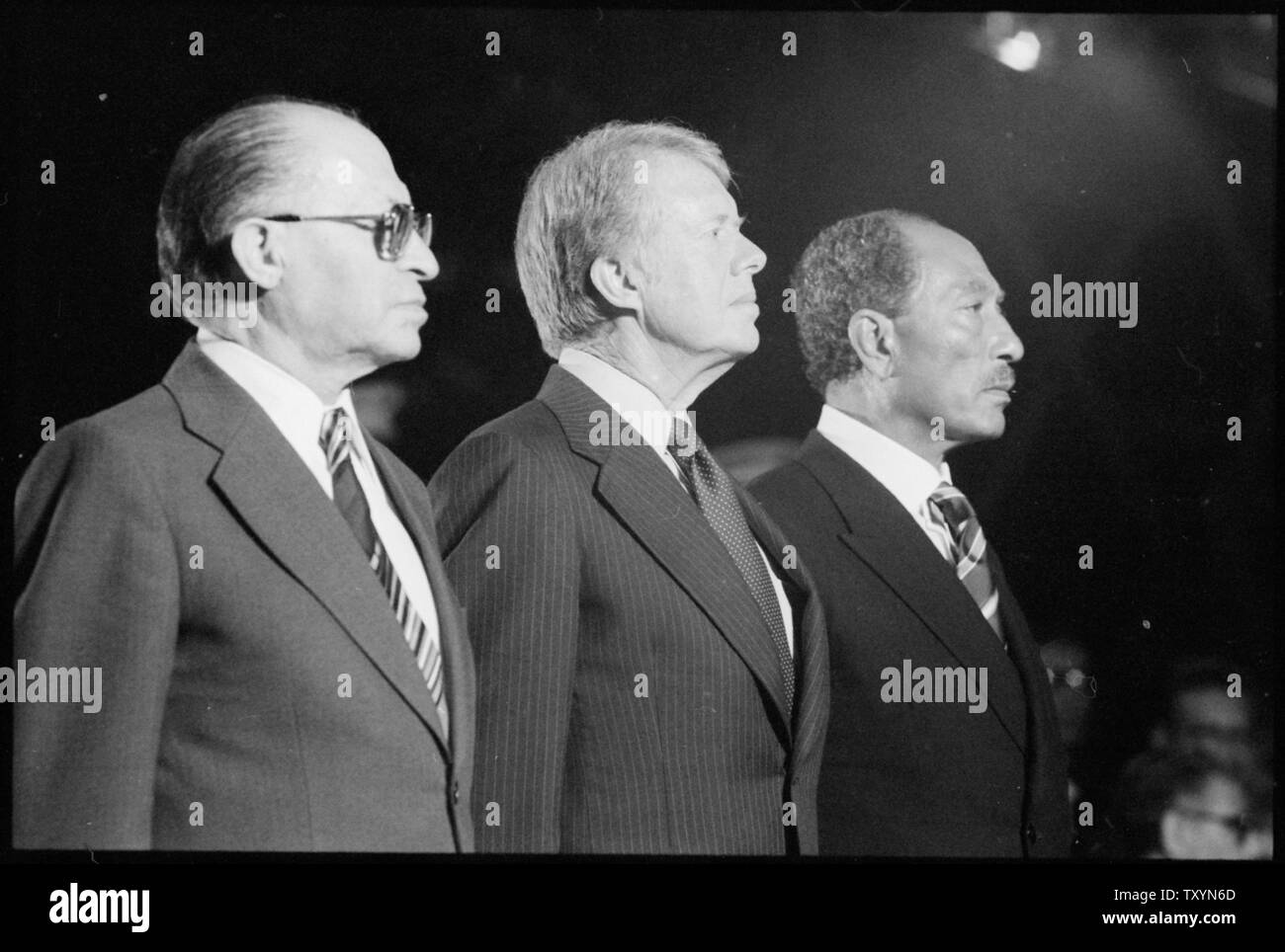 Close up of Menahem Begin, Jimmy Carter and Anwar Sadat at Camp David ...