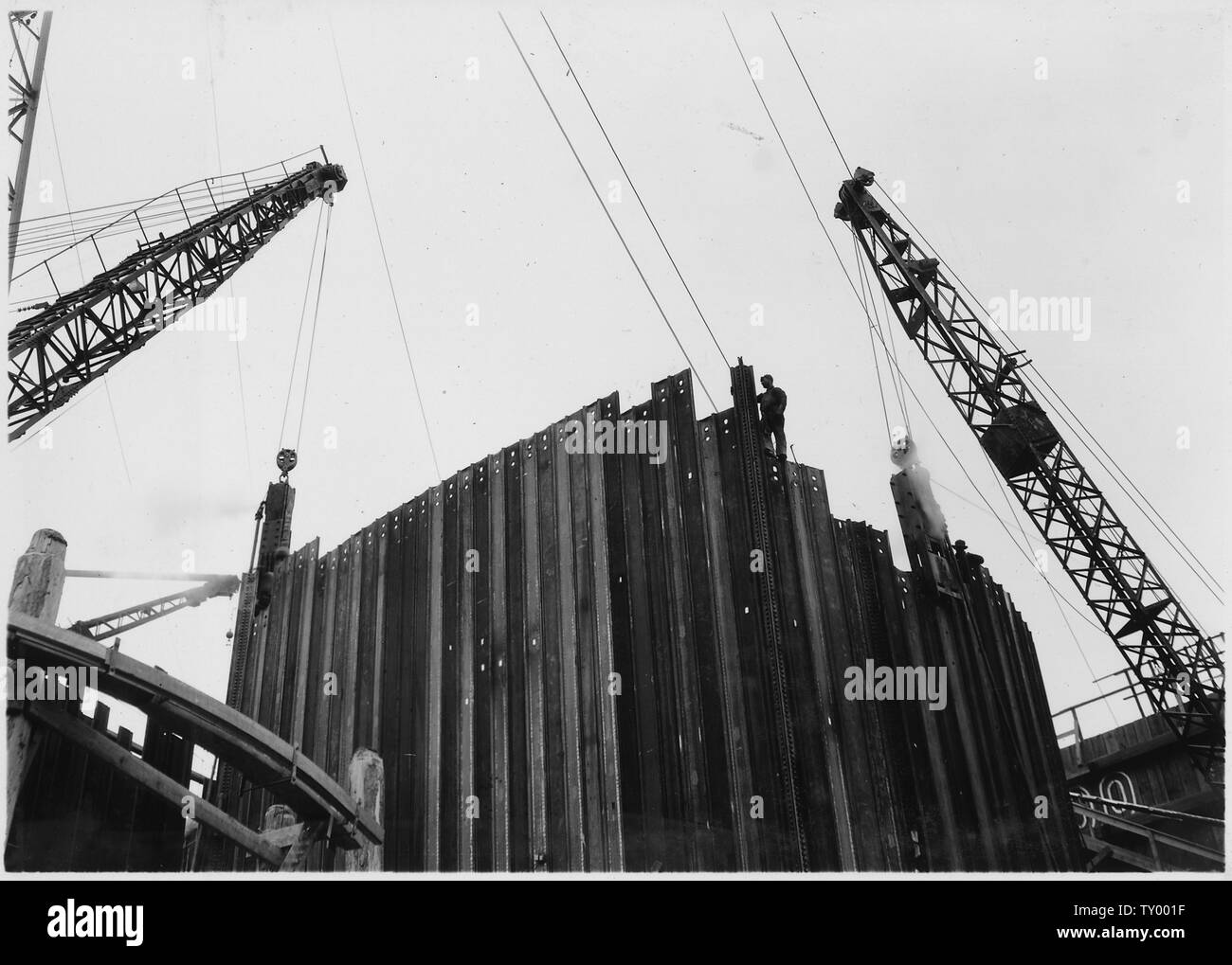 Construction of cofferdam cells. Steam pile hammers putting down sheet ...