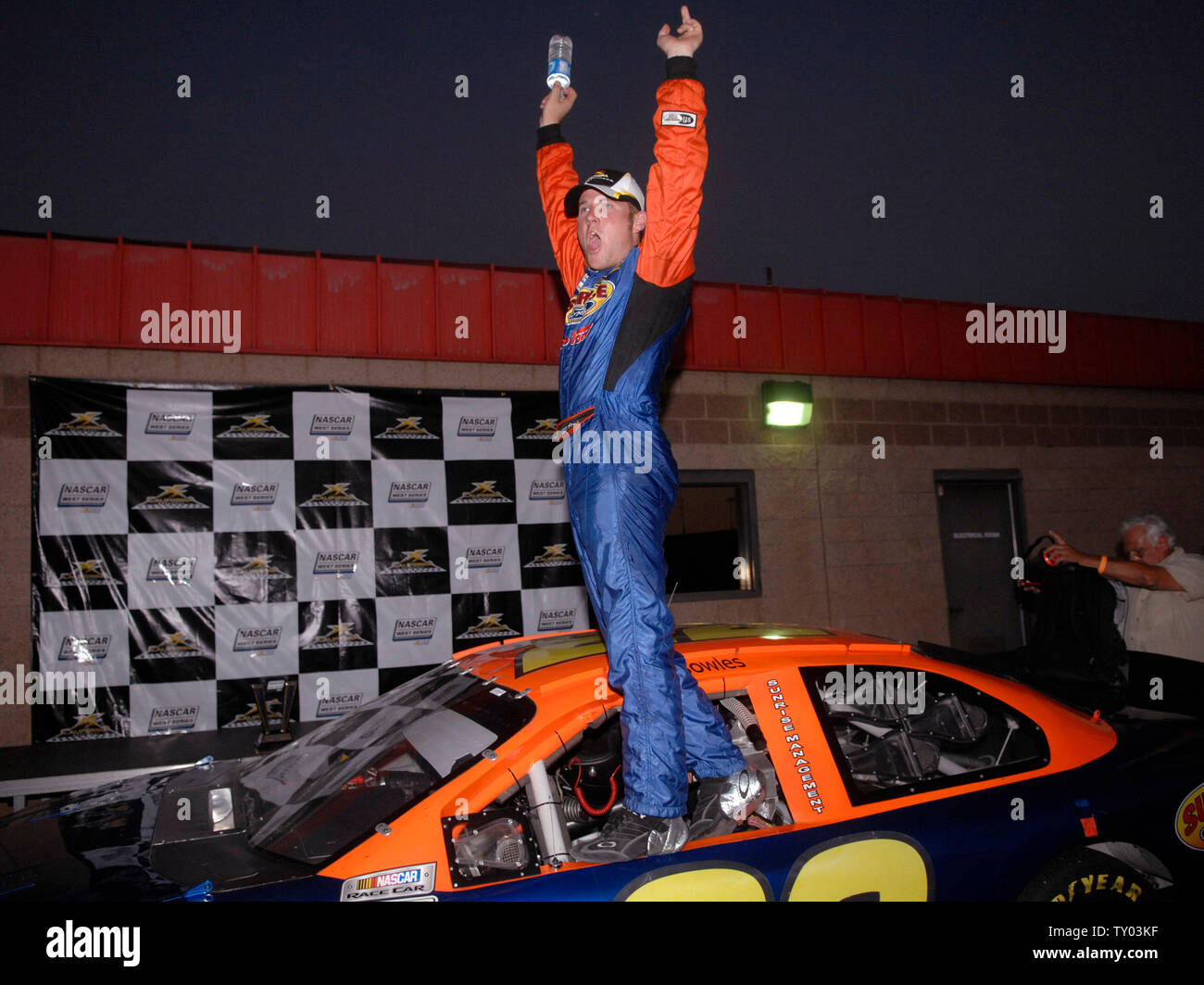 Driver Jason Bowles wins the NASCAR Grand National West Series 125 held ...
