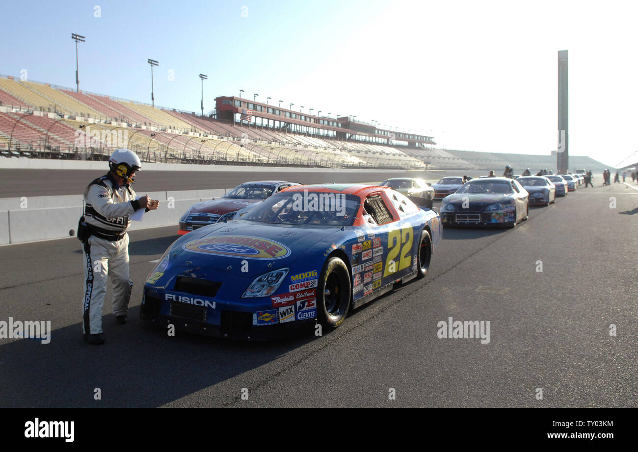 Drivers line up at the start of the NASCAR Grand National West Series ...
