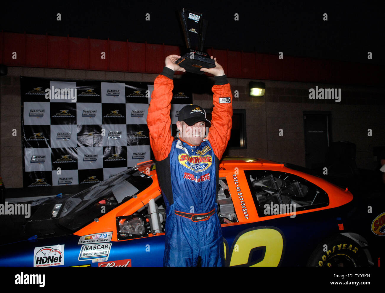 Driver Jason Bowles wins the NASCAR Grand National West Series 125 held ...