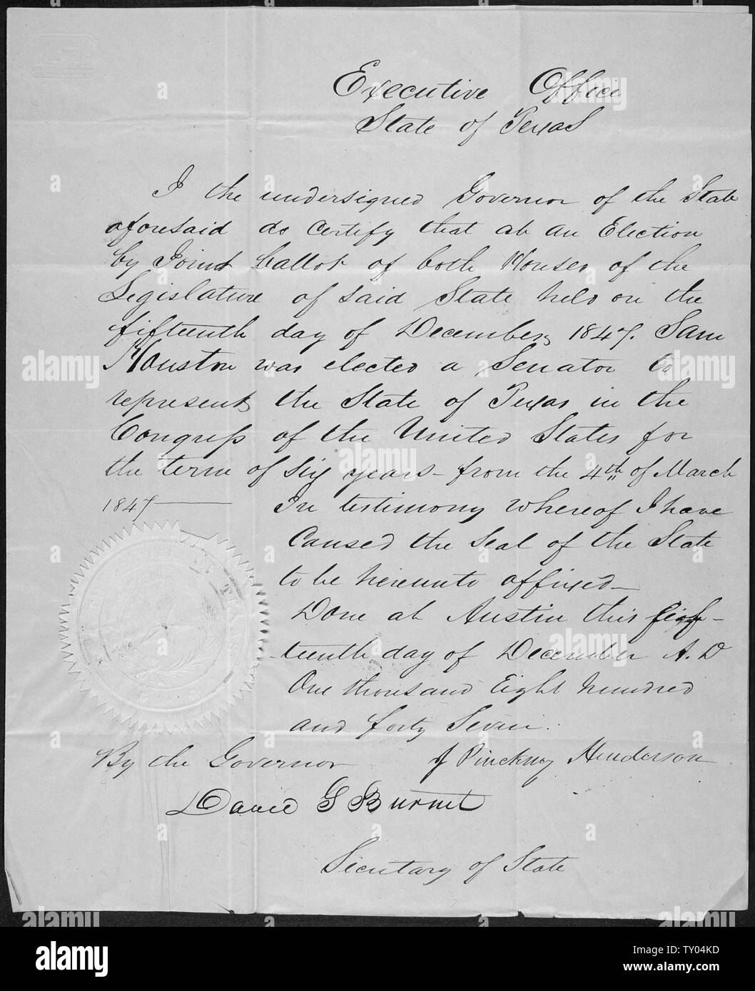 Credential of Senator Sam Houston of Texas, 30th Congress Stock Photo ...