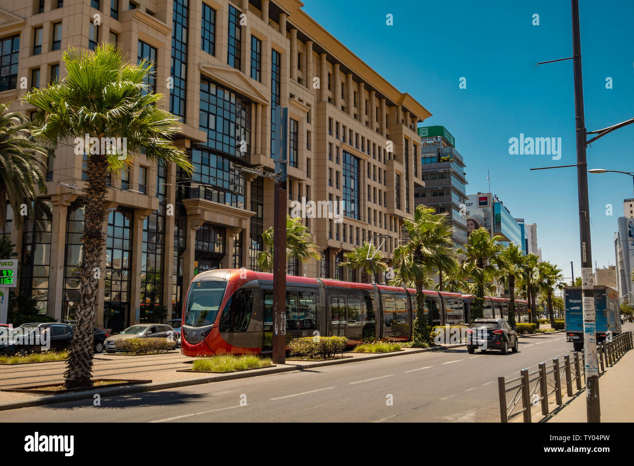 Casablanca, Morocco - 15 june 2019: tram passing at financial district ...
