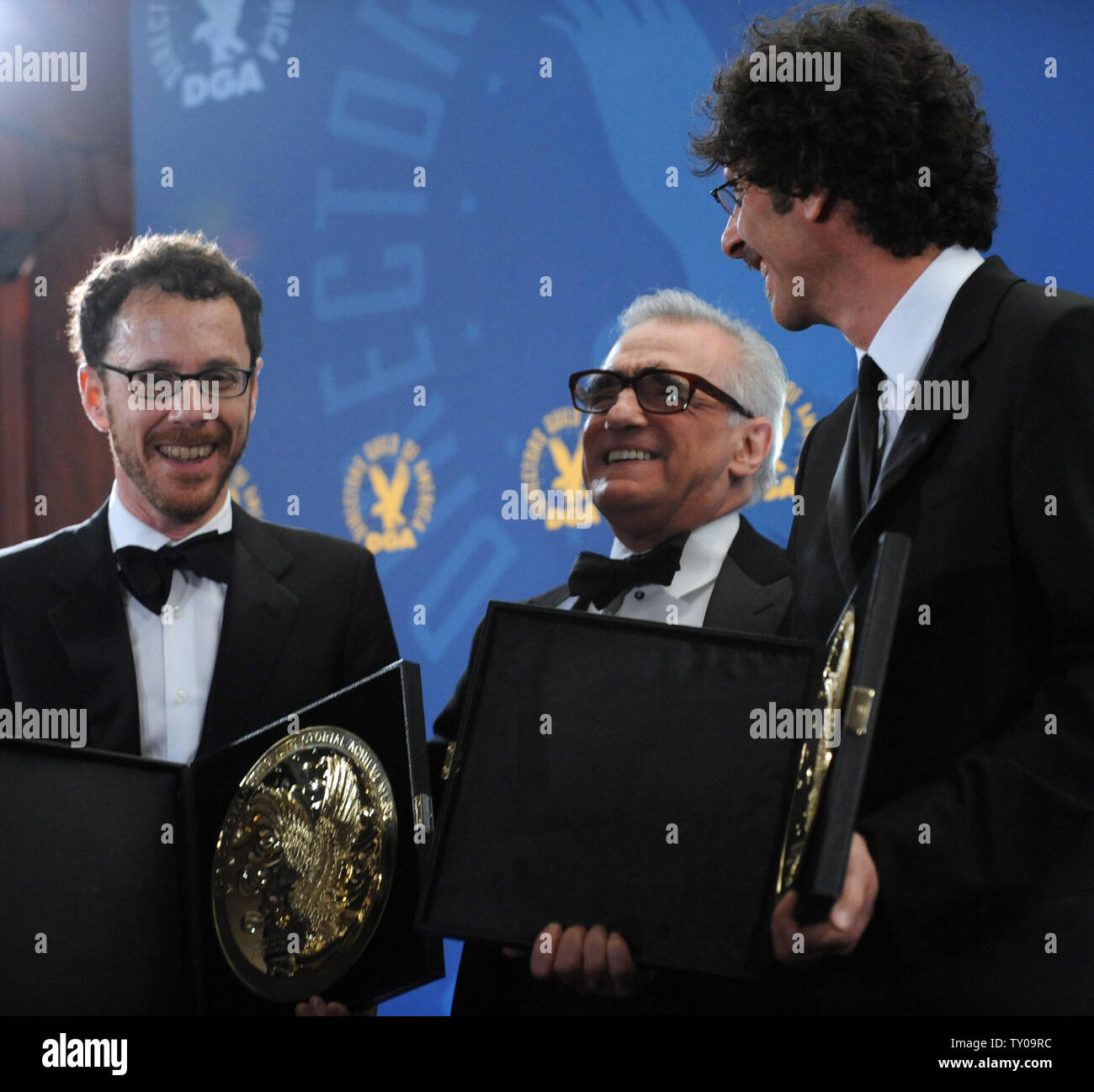 Directors Ethan Coen (L) and Joel Coen (R), pose with presenter Martin ...