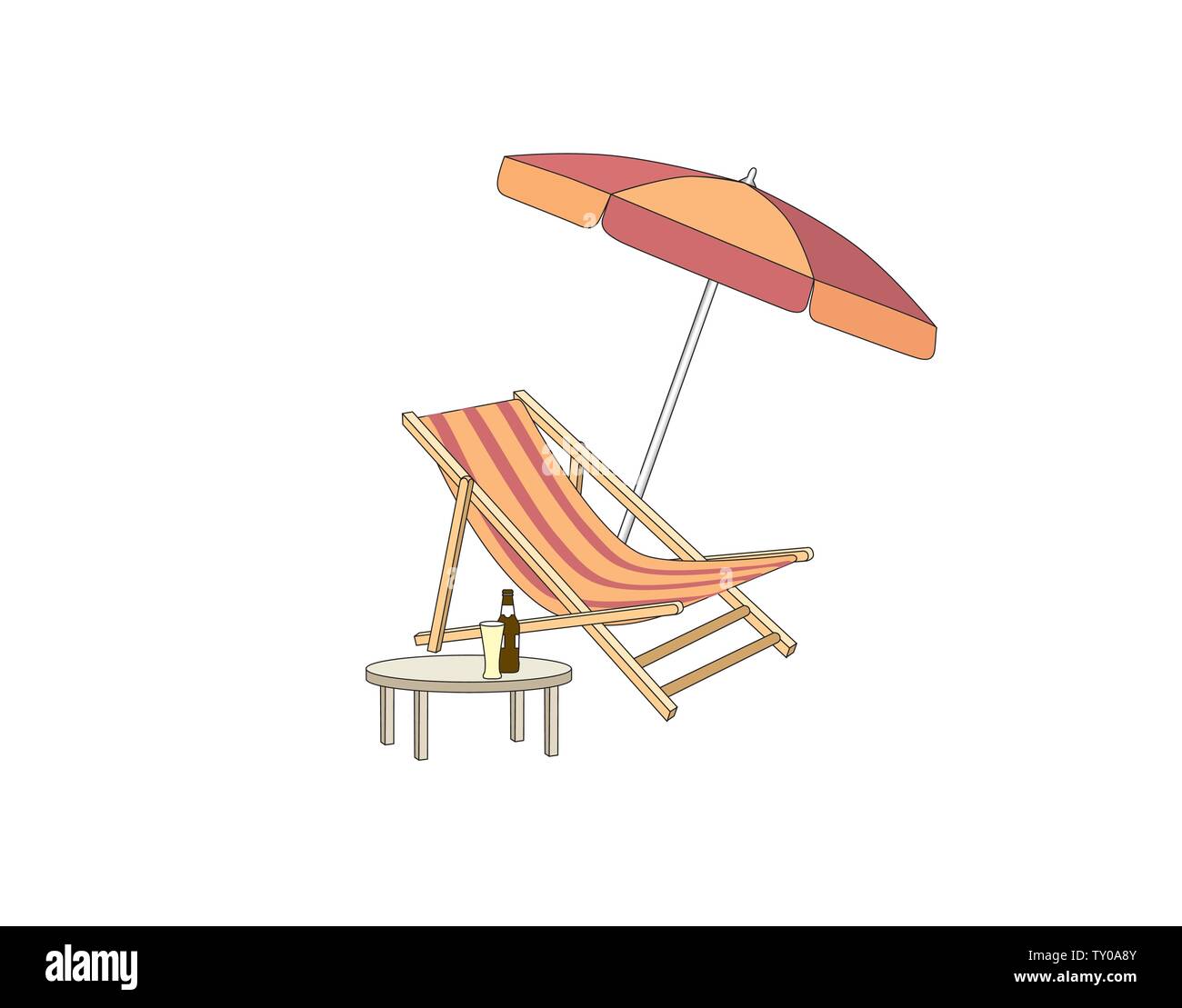 Chaise longue, table, parasol isolated. Deckchair drawing. Deck chair ...