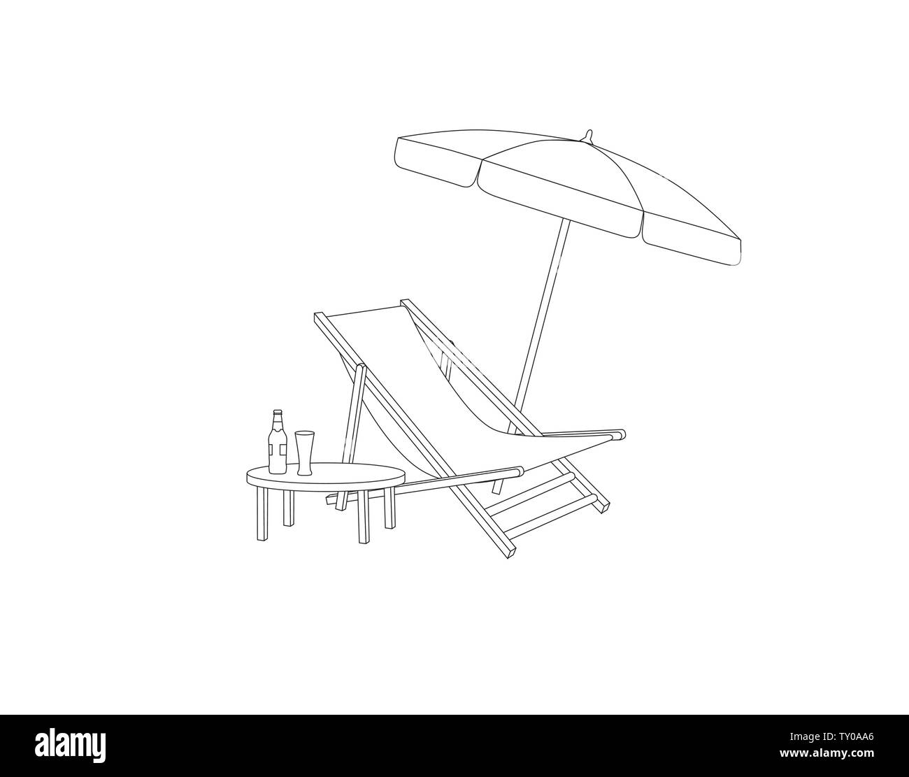 Chaise longue, table, parasol isolated. Deckchair outline drawing. Deck ...
