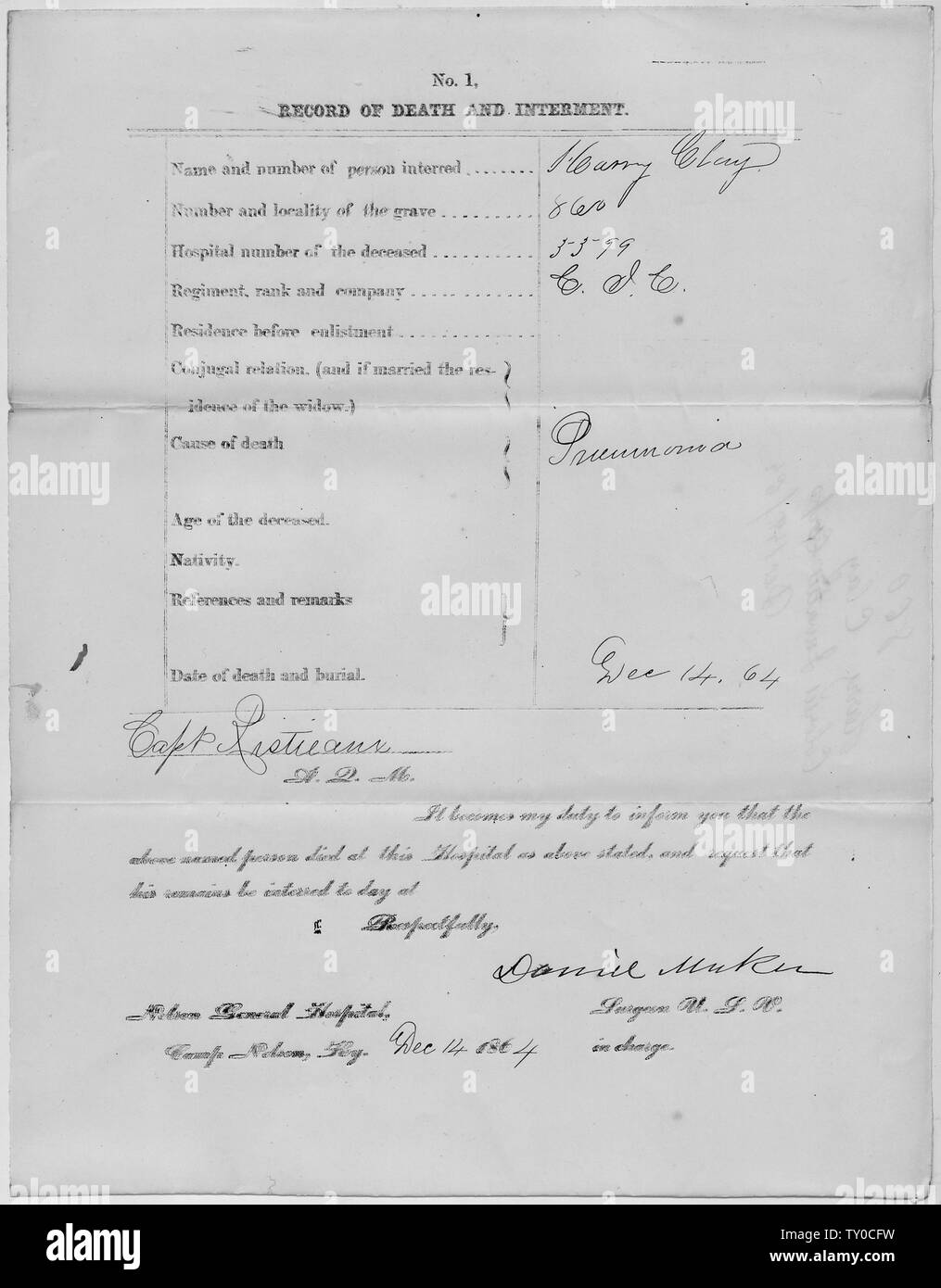 Death and Interment Record for Harry Clay; Scope and content: Rank ...