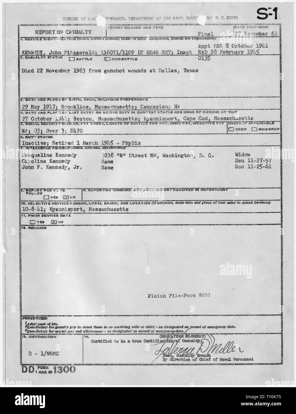Department of Defense Form 1300, Report of Casualty, prepared for John ...