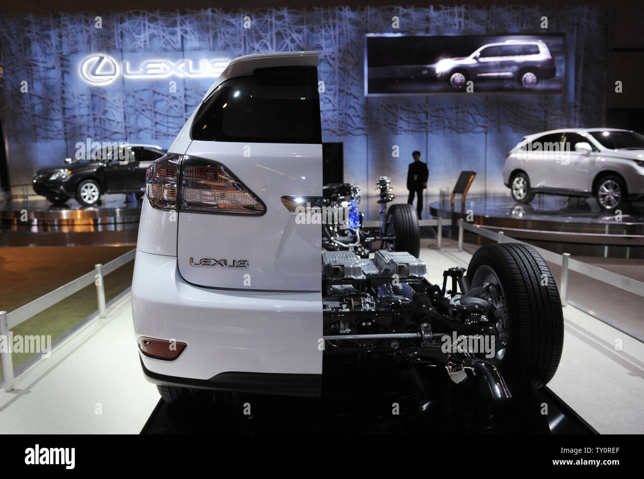 A cut away view of a 2010 Lexus RX450h Hybrid is seen at the LA Auto ...