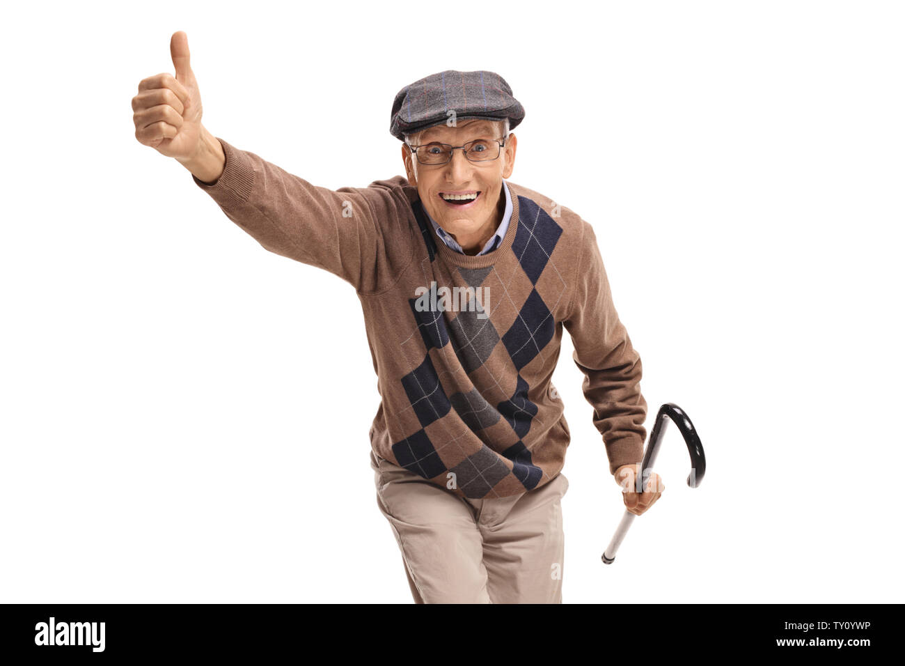 Cheerful senior leaning forward and making a thumb up gesture isolated ...