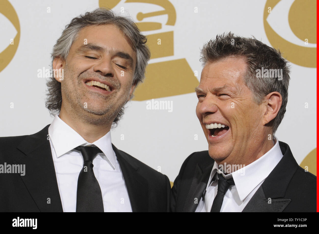Andrea Bocelli (L) and David Foster appear backstage at the 52nd annual ...