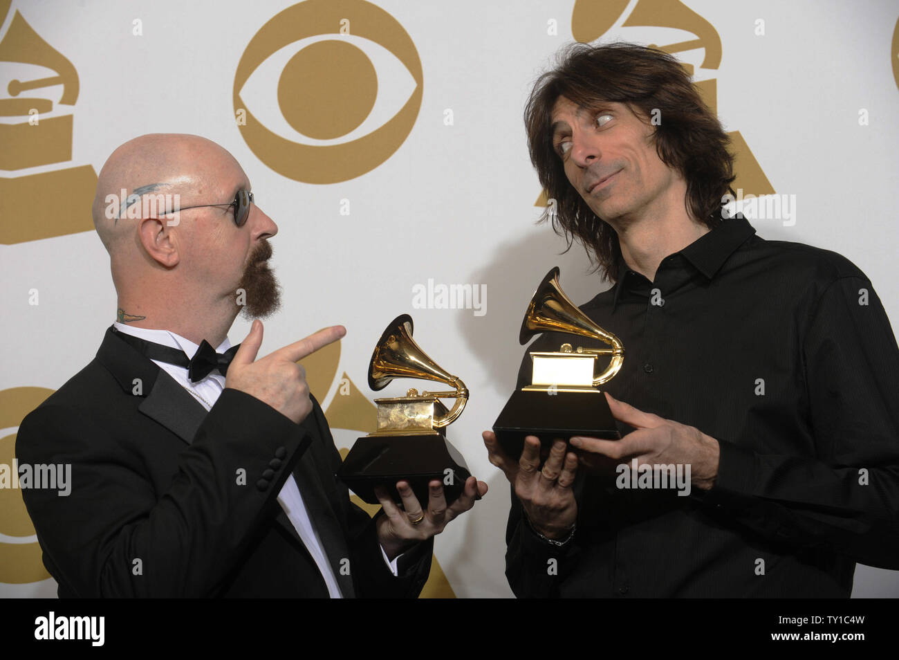Rob Halford (L) and Scott Travis of Judas Priest hold their best metal ...