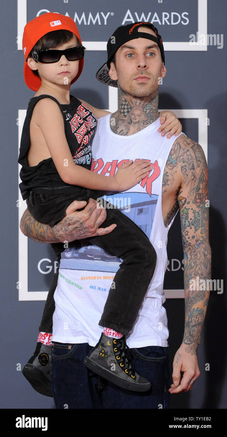 Musician Travis Barker and his son Landon arrive at the 52nd annual ...