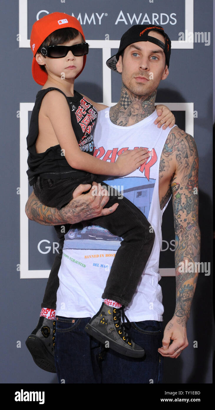 Musician Travis Barker and his son Landon arrive at the 52nd annual ...
