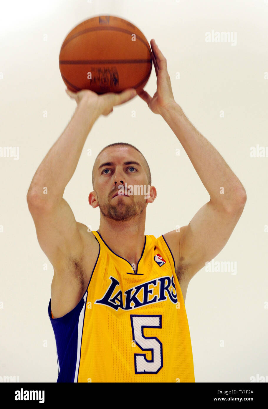 Los Angeles Lakers' Steve Blake poses for photos during the basketball ...