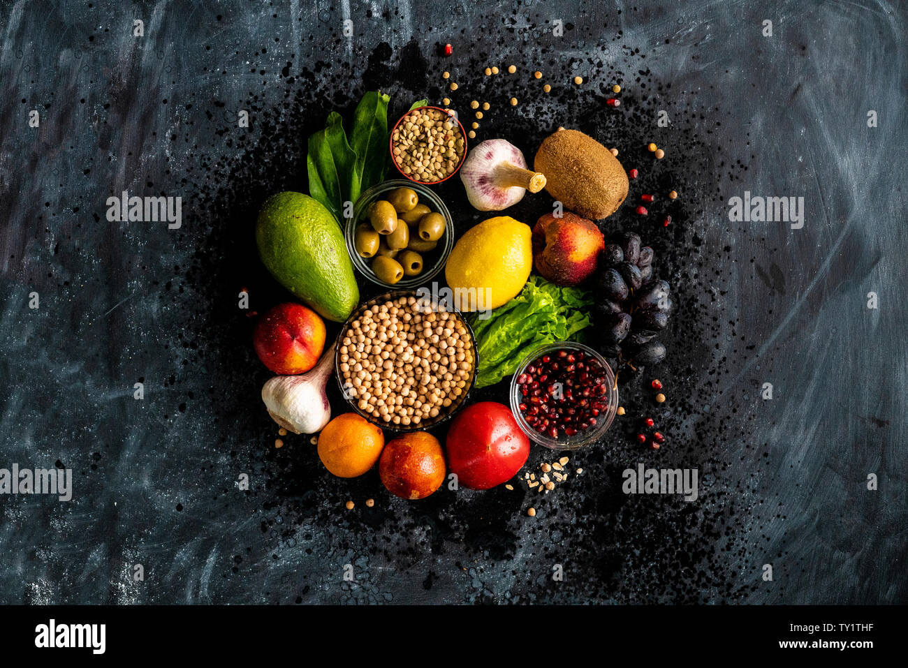 top view flat lay of healthy food selection with fruits vegetables ...