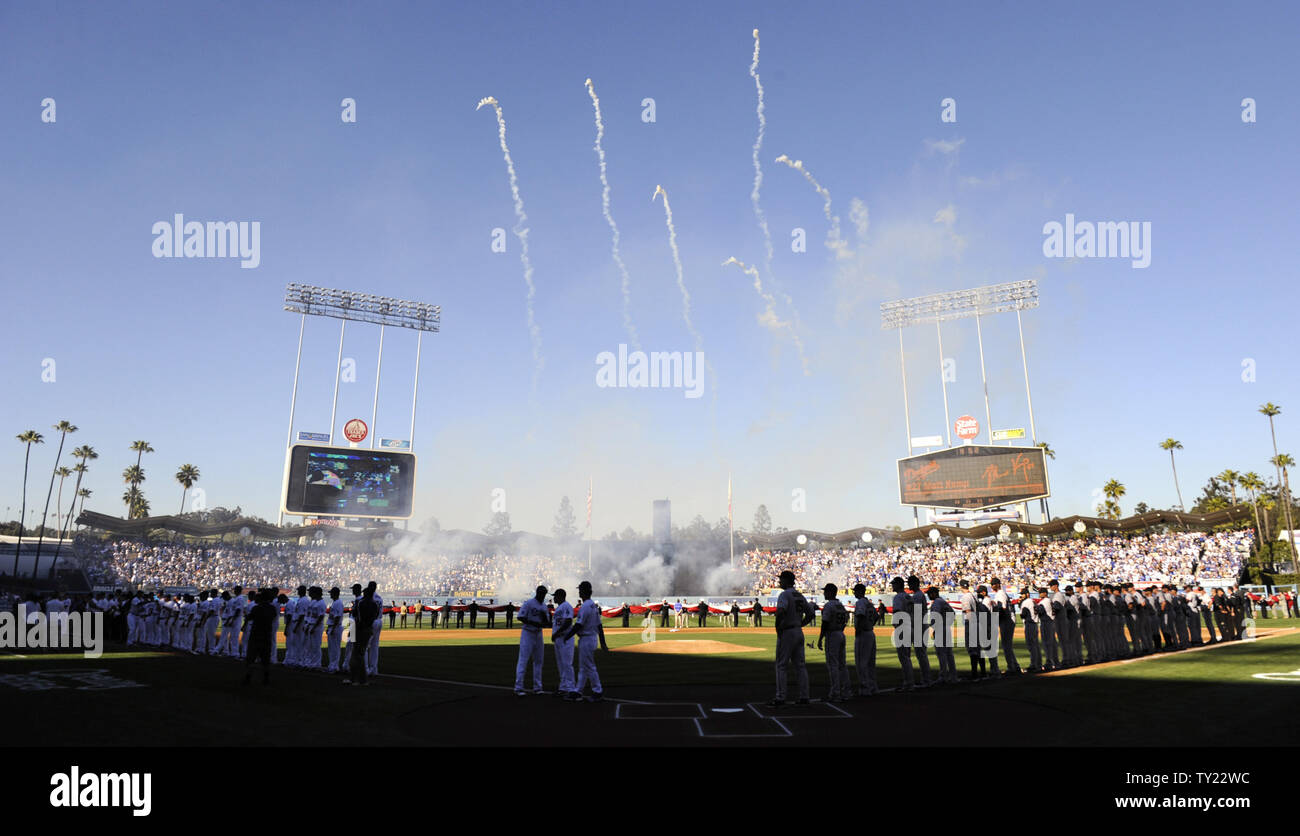 Fireworks are seen during introductions before the game between the San ...