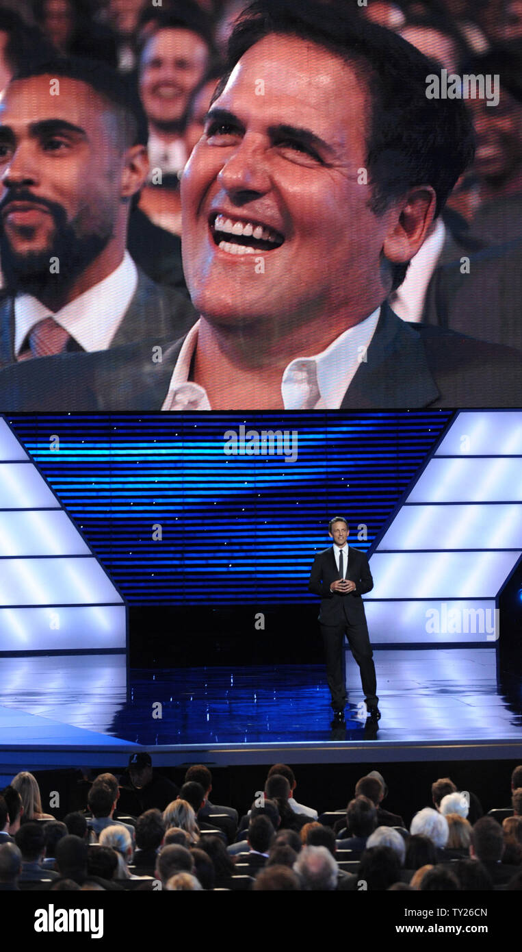 Dallas Mavericks' owner Mark Cuban is displayed on a screen as Seth ...