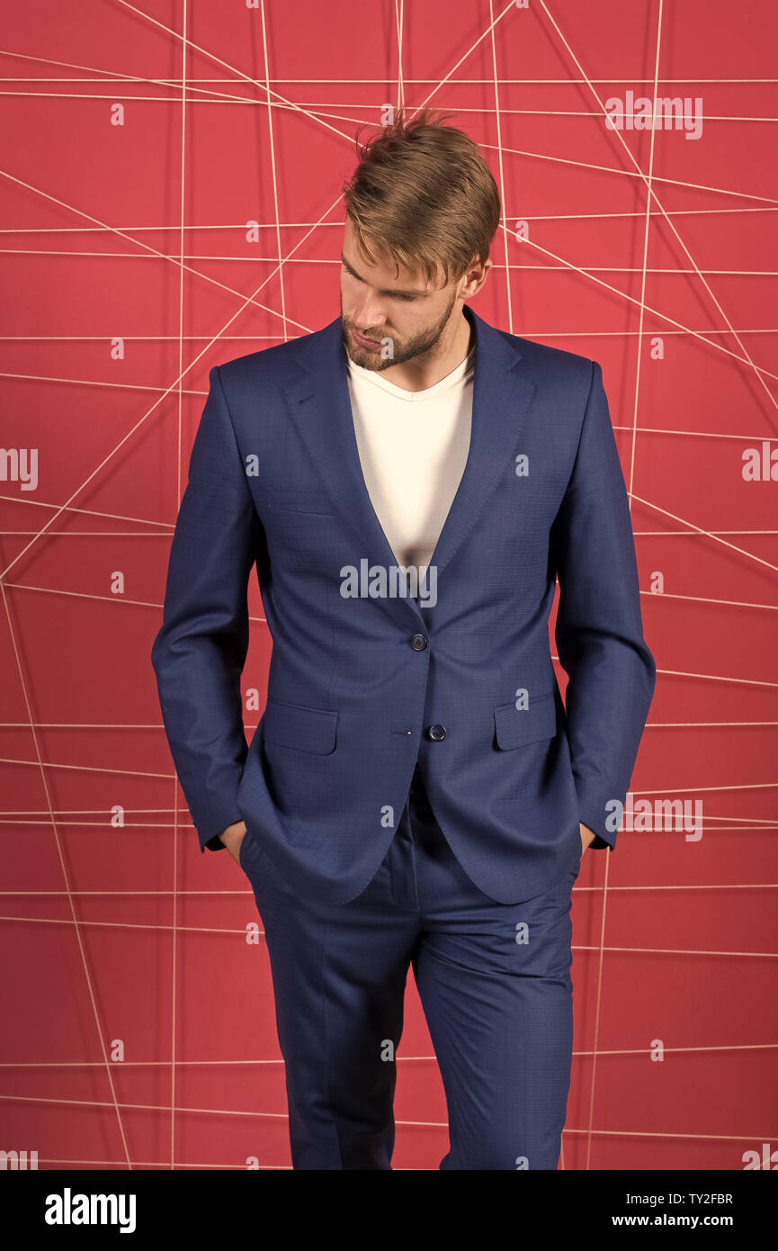 Man well groomed manager wear elegant formal suit pink background ...