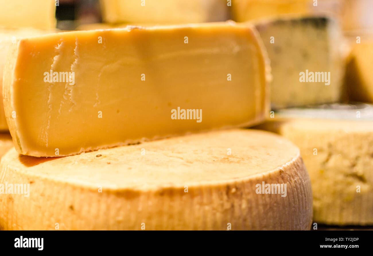 Selection of traditional Italian cheeses on a display, selective focus ...