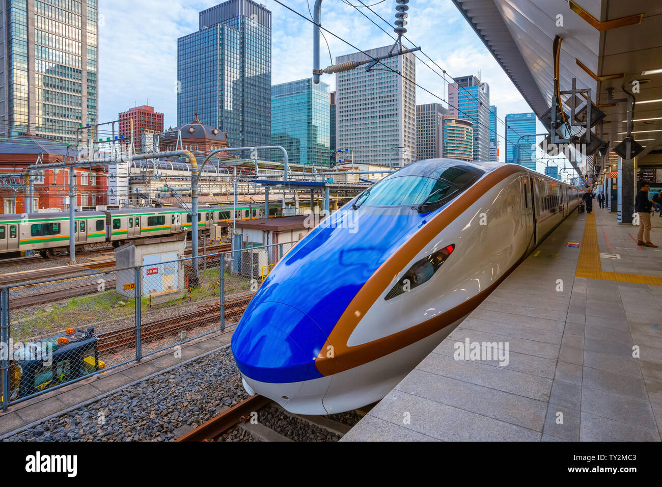 Tokyo, Japan - April 27 2018: Japanese Shinkansen high speed train at a train station Stock ...