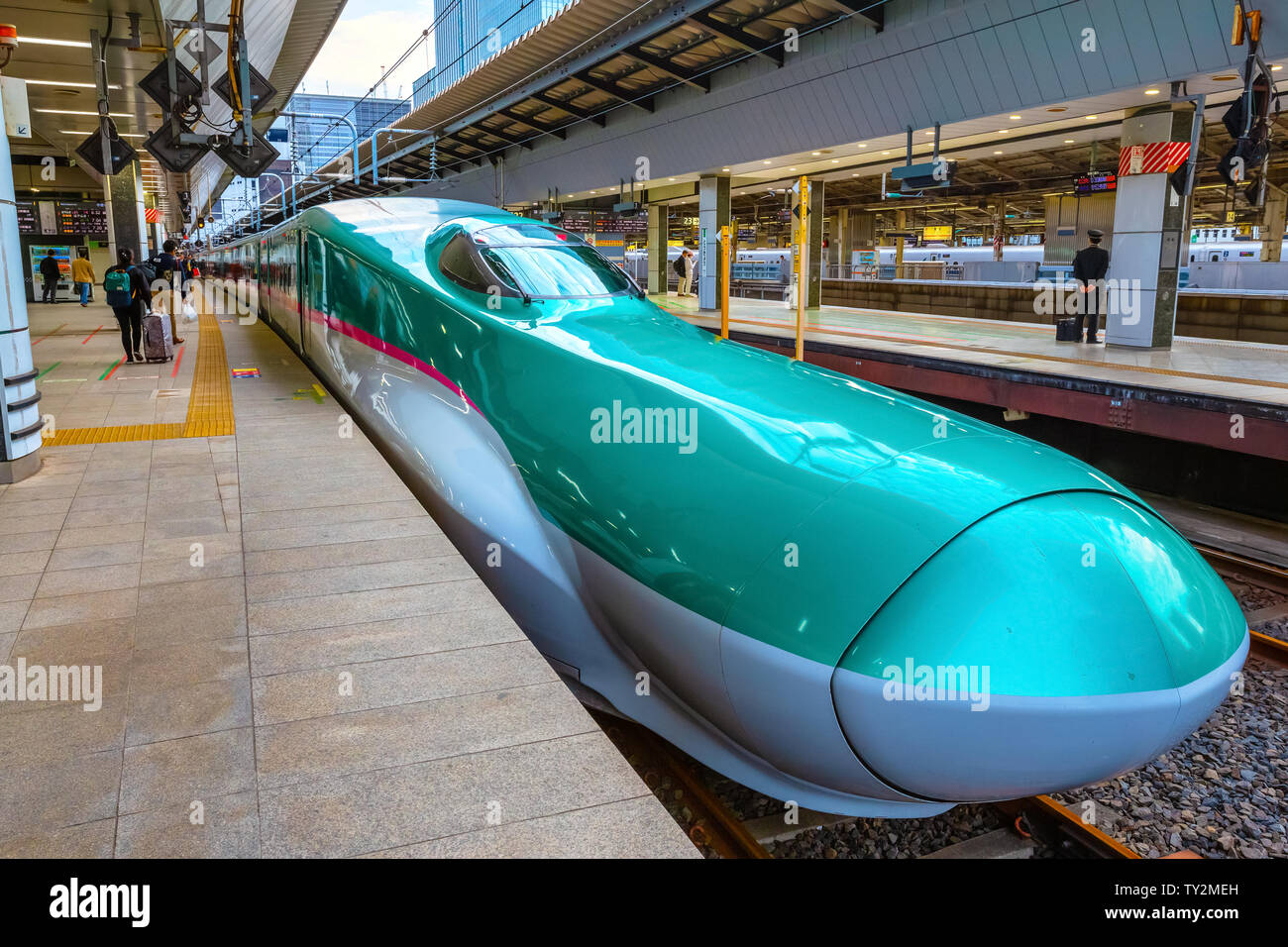 Tokyo, Japan - April 27 2018: Japanese Shinkansen high speed train at a train station Stock ...